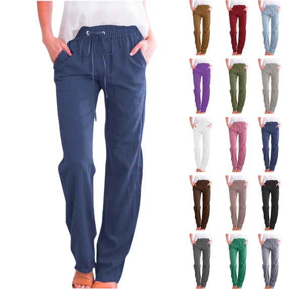 Womens Cotton Linen Pants Drawstring Waist Straight Leg Lounge Pants ...