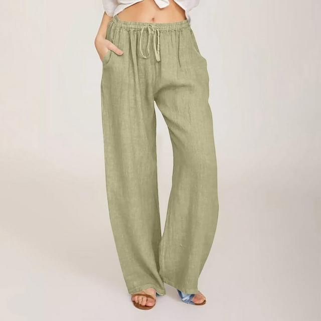 Womens Cotton Linen Pants Drawstring Waist Straight Leg Lounge Pants ...
