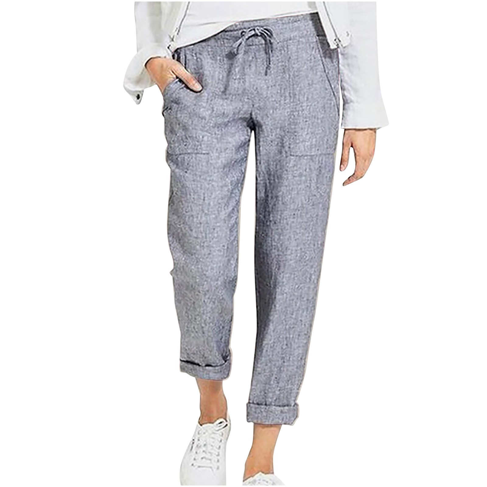 Posijego Cotton Linen Casual Pants for Women Elastic Waist Wide Leg ...