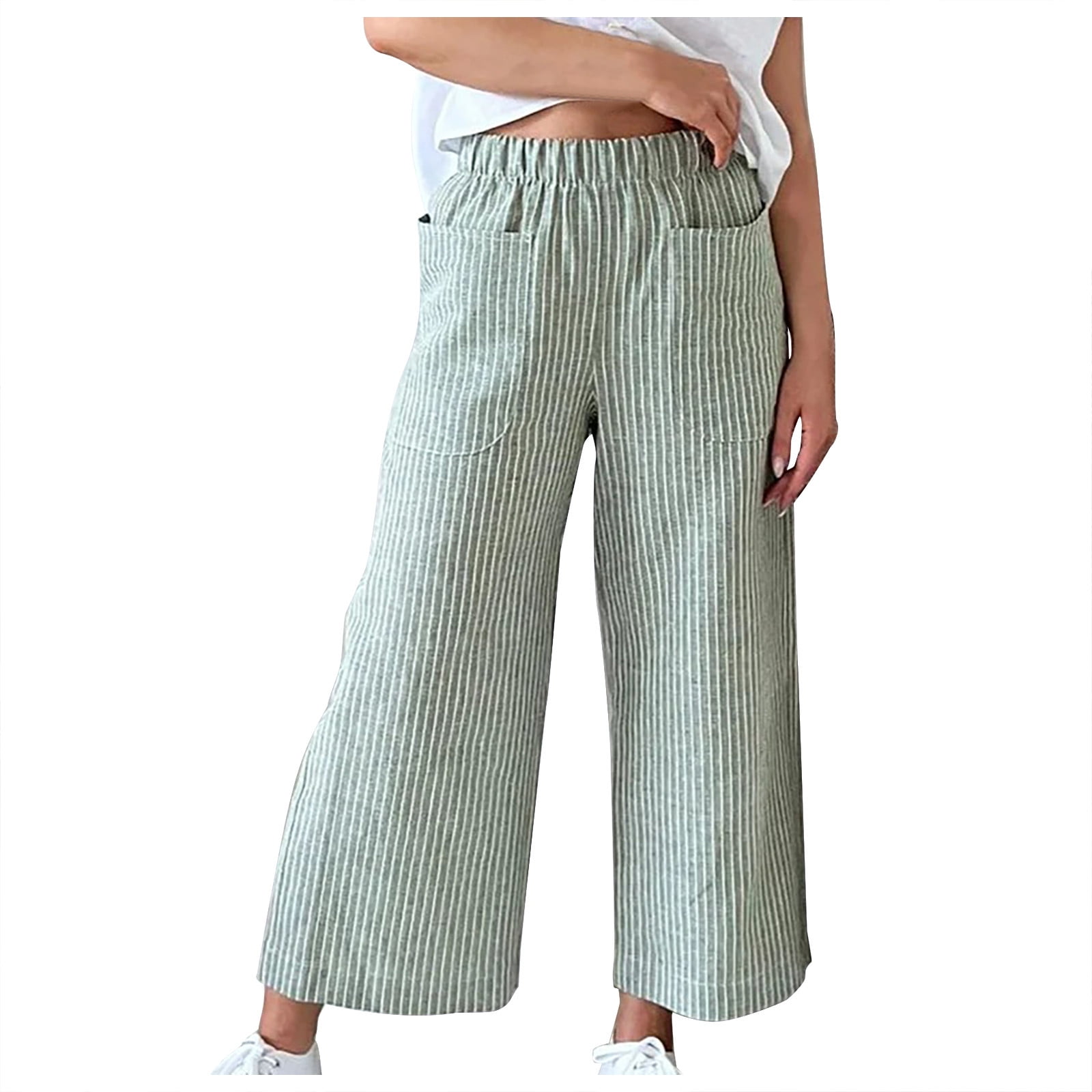 Womens Cotton Linen Pants Stripes Straight Wide Leg Slacks Lounge Pants ...