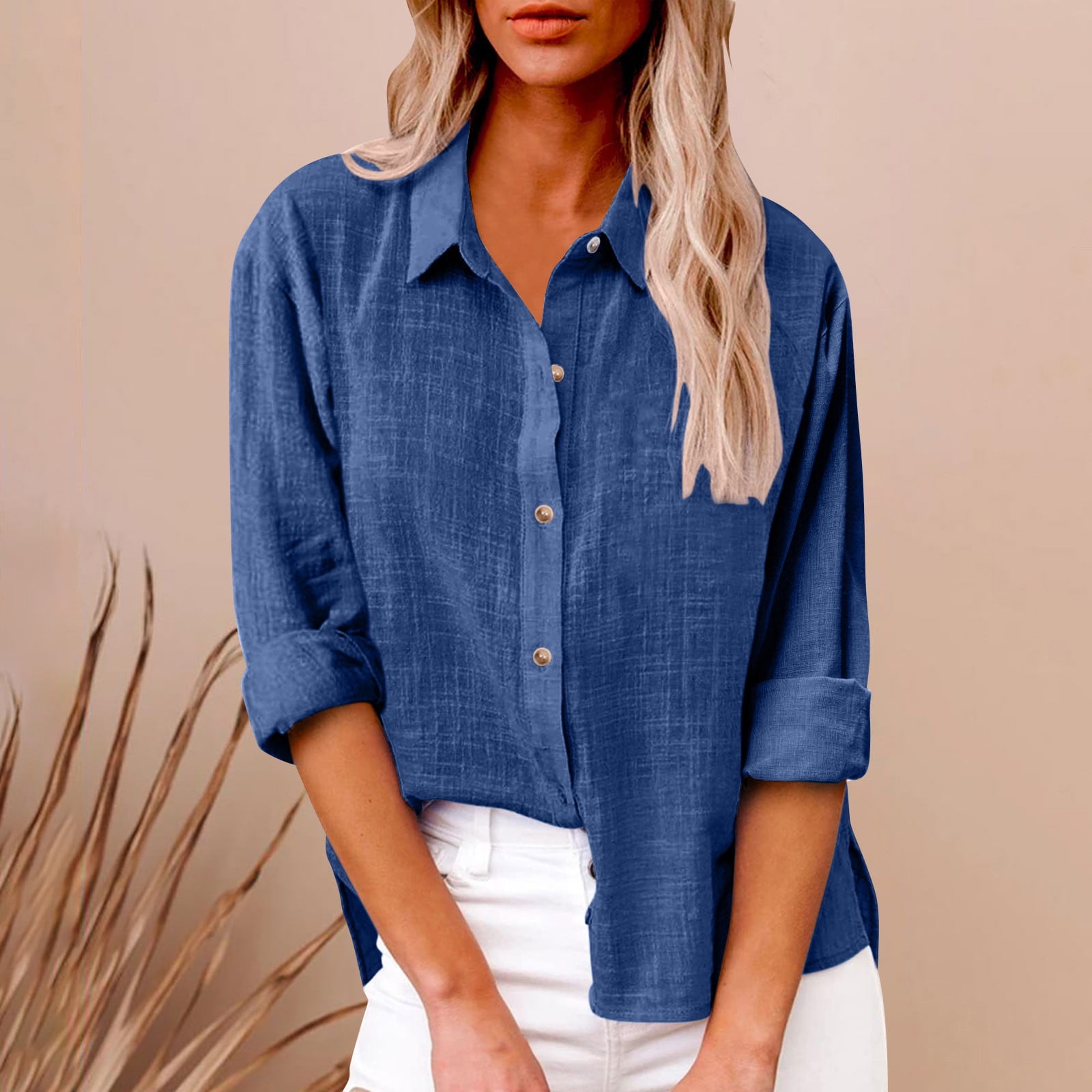 Womens Cotton Linen Shirts Plus Size S-5X Casual Long Sleeve Button Up ...