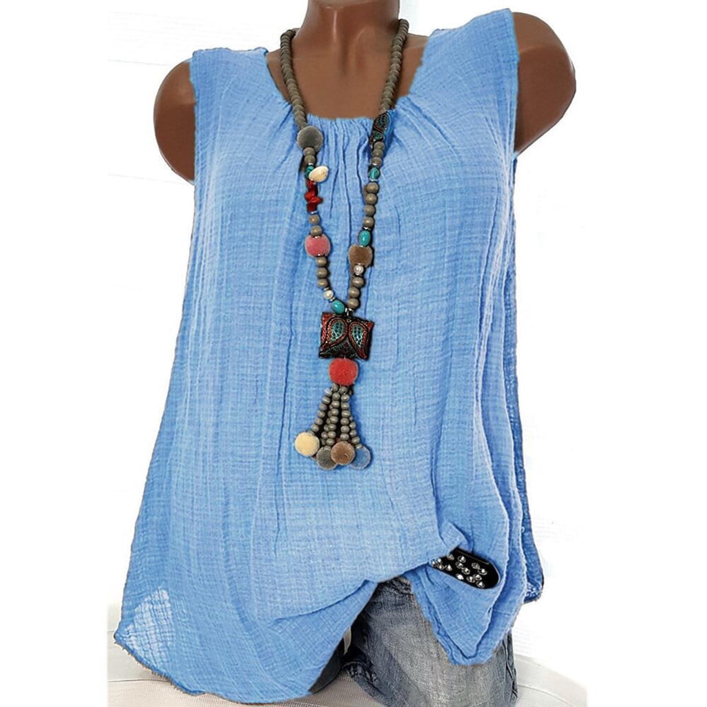 Womens Long Style Summer Loose Fitting Cotton Linen Sleeveless Baggy T ...