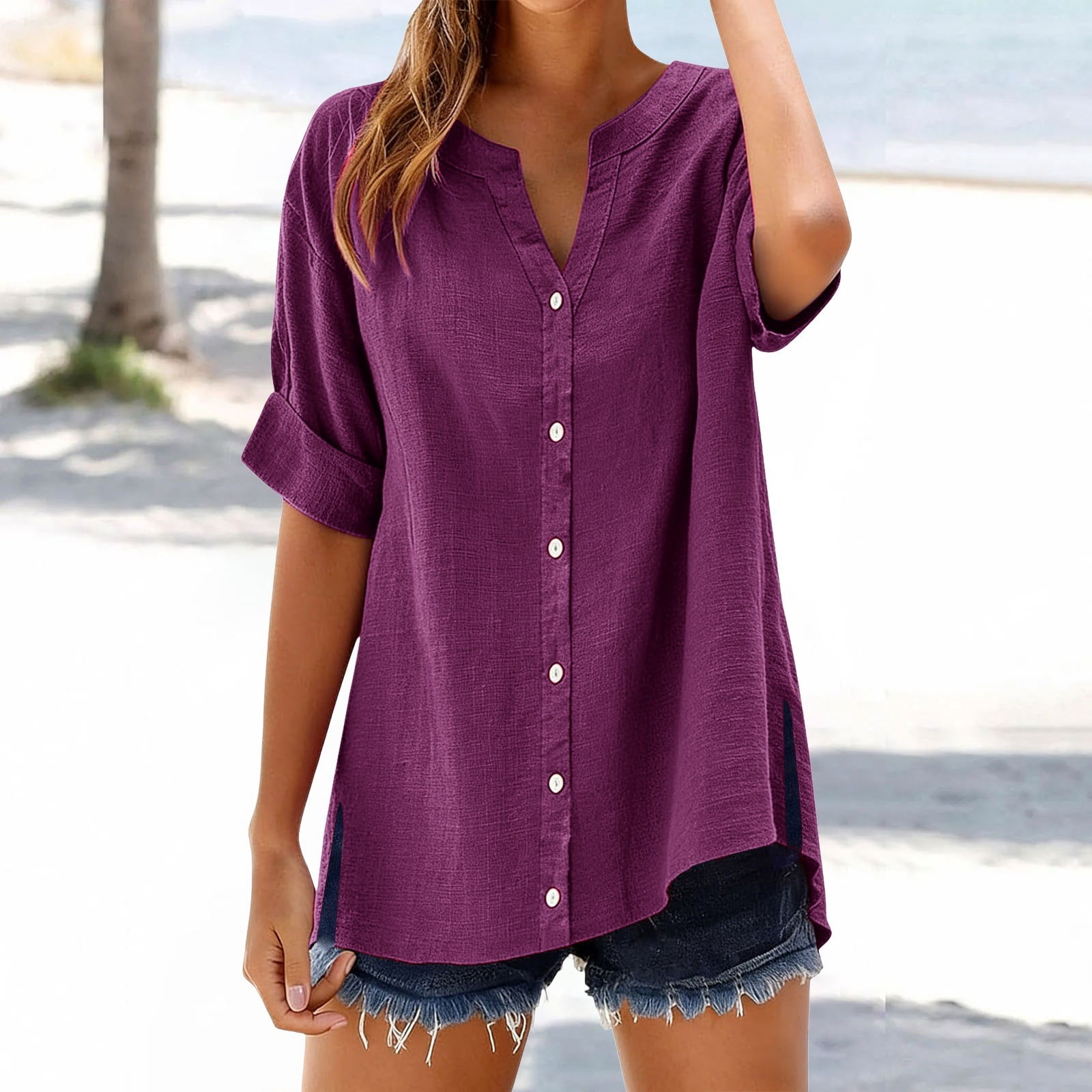 Womens Cotton Linen Split Front T-Shirt with3/4 Sleeve Button Down ...