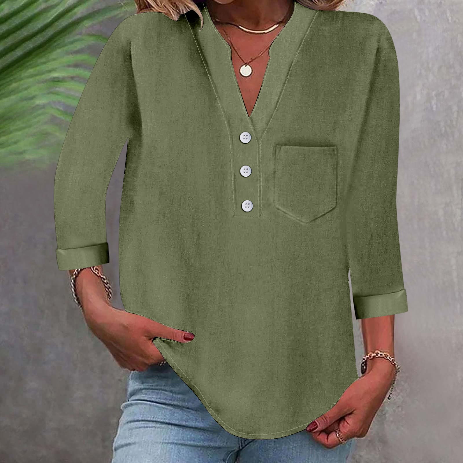 Womens Cotton Linen Top Loose Solid Color Stand Collar Button with ...