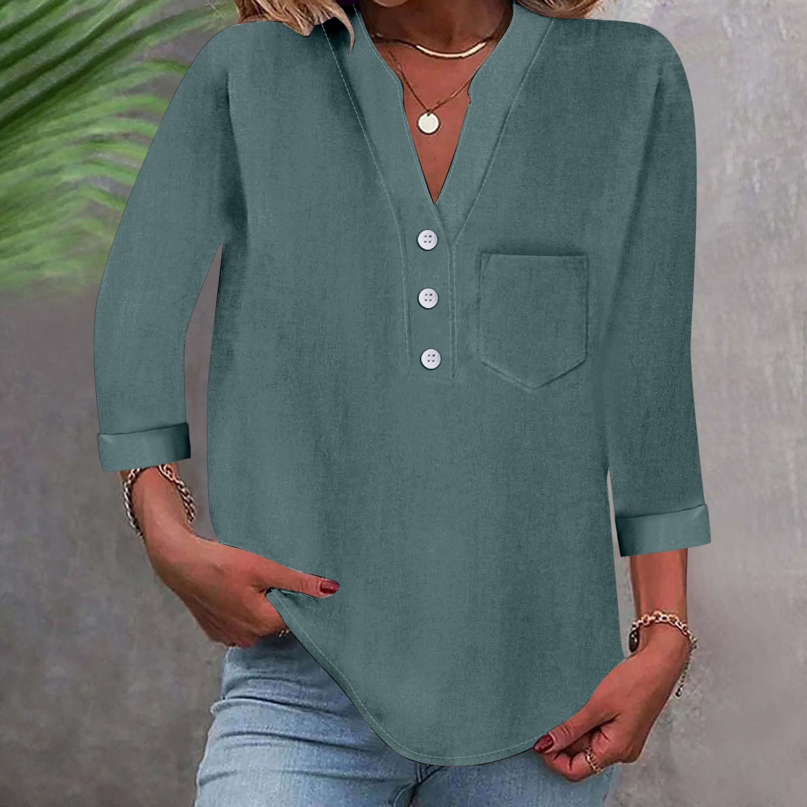 Womens Cotton Linen Top Loose Solid Color Stand Collar Button with ...