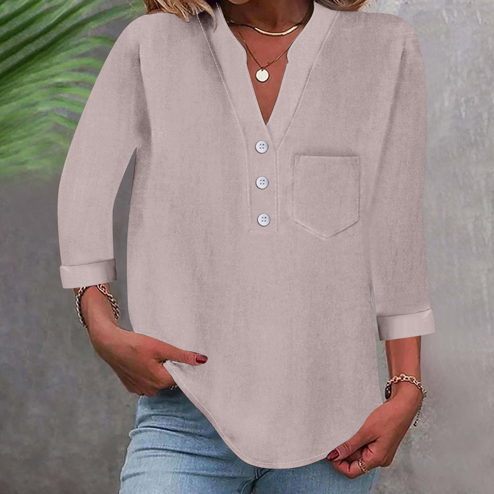 Womens Cotton Linen Top Loose Solid Color Stand Collar Button with ...
