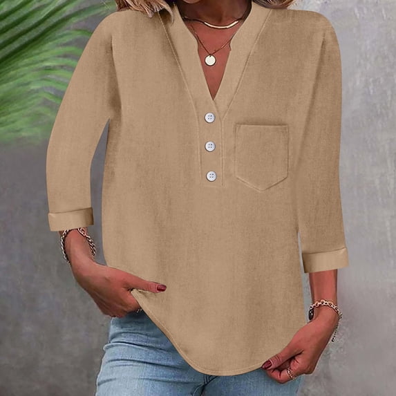 Womens Cotton Linen Top Loose Solid Color Stand Collar Button with ...