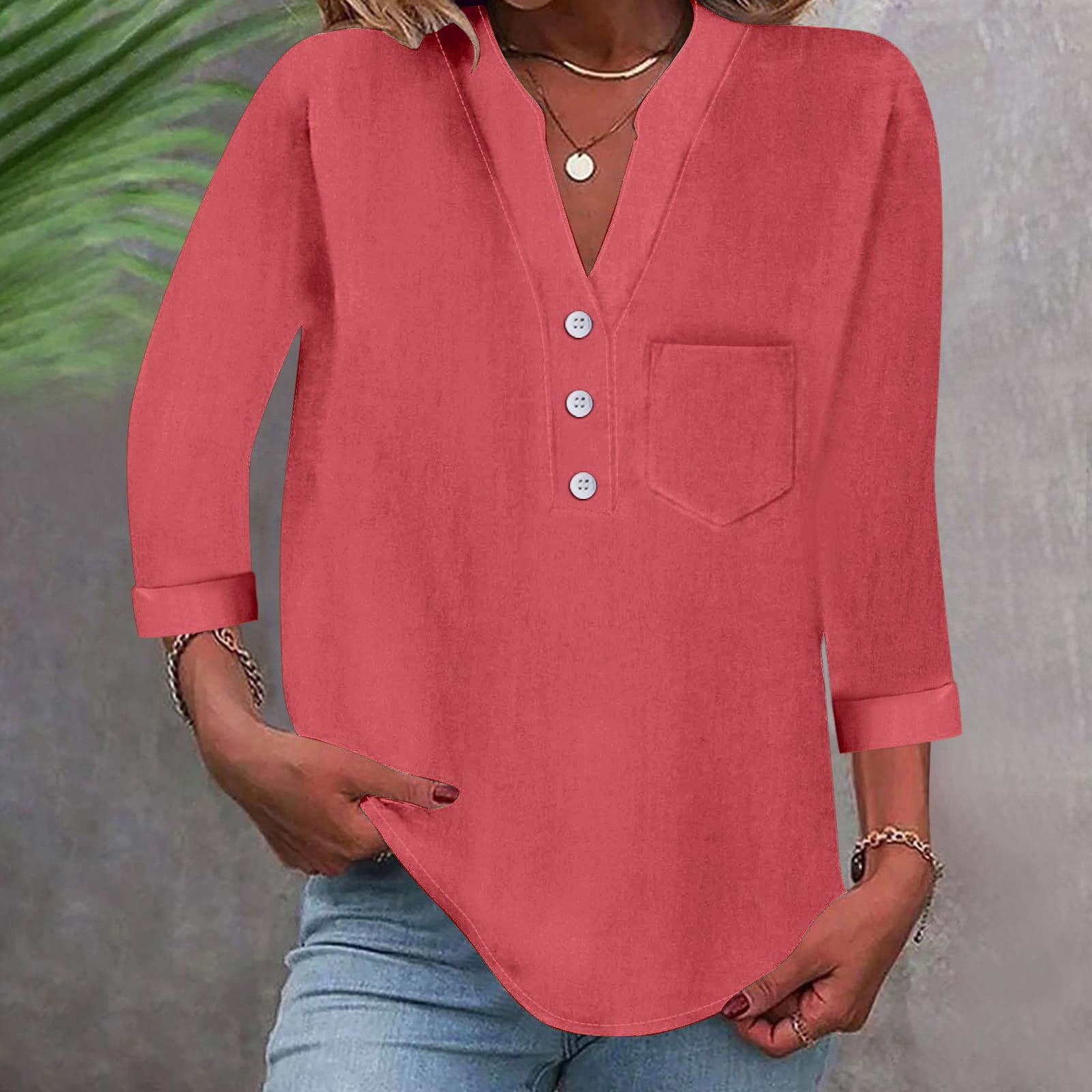 Womens Cotton Linen Top Loose Solid Color Stand Collar Button with ...