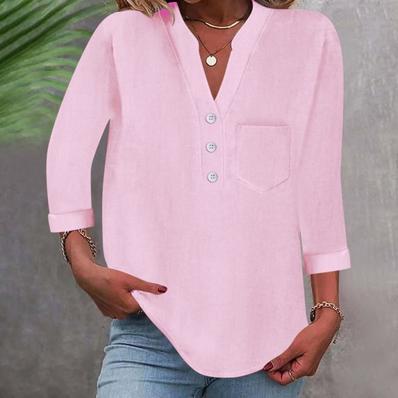 Womens Cotton Linen Top Loose Solid Color Stand Collar Button with ...