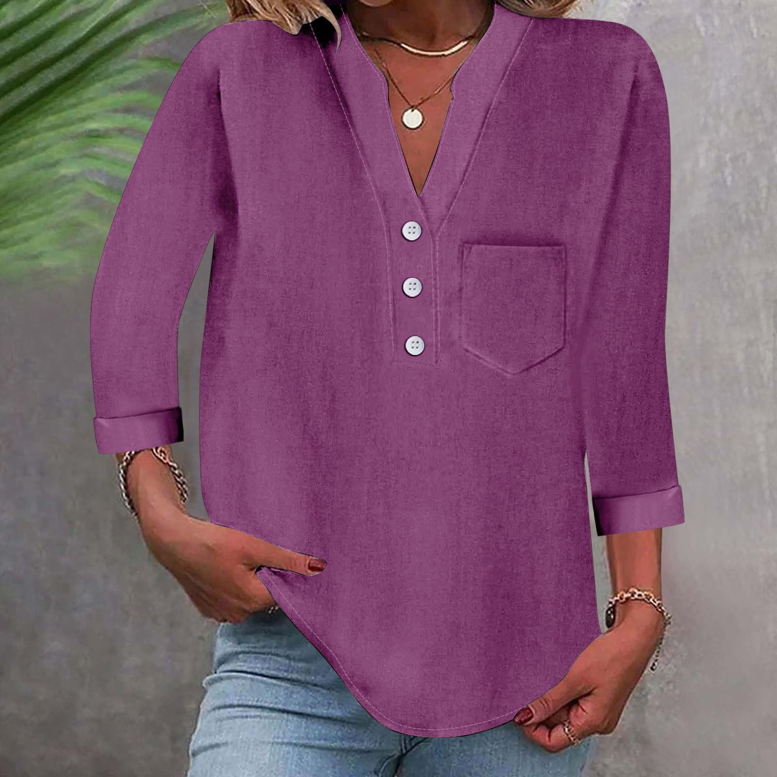 Womens Cotton Linen Top Loose Solid Color Stand Collar Button with ...