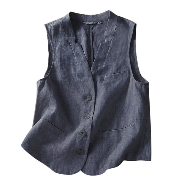 Womens Cotton Linen Vest Casual Loose V Neck Sleeveless Vests Jacke ...