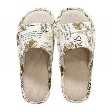 Womens House Slippers, Open Toe Memory Foam Washable Non-Slip Scuff Linen Printing Slippers ...
