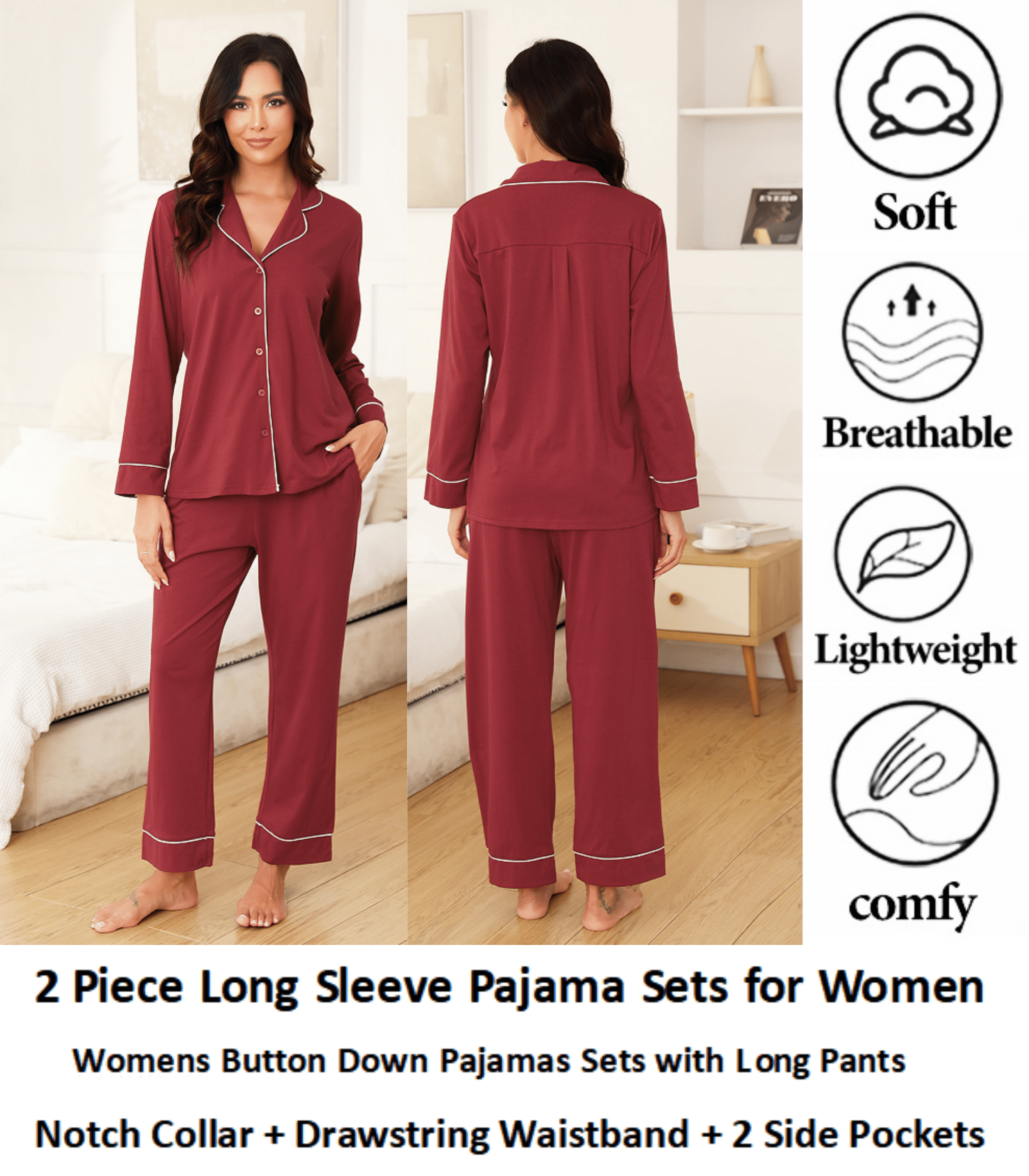 Womens Cotton Pajama Sets with Long Sleeves Button Down Pajama Set for ...