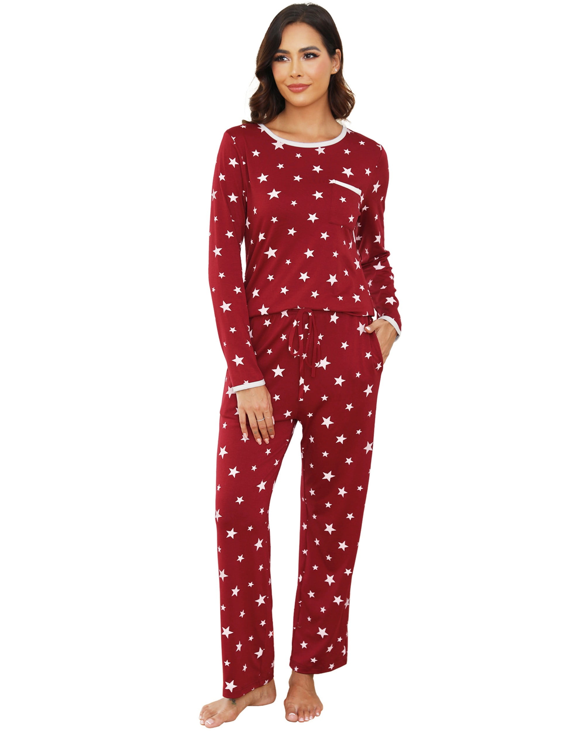 Womens Cotton Pajama Sets with Long Sleeves and Long Pants 2pcs Round ...