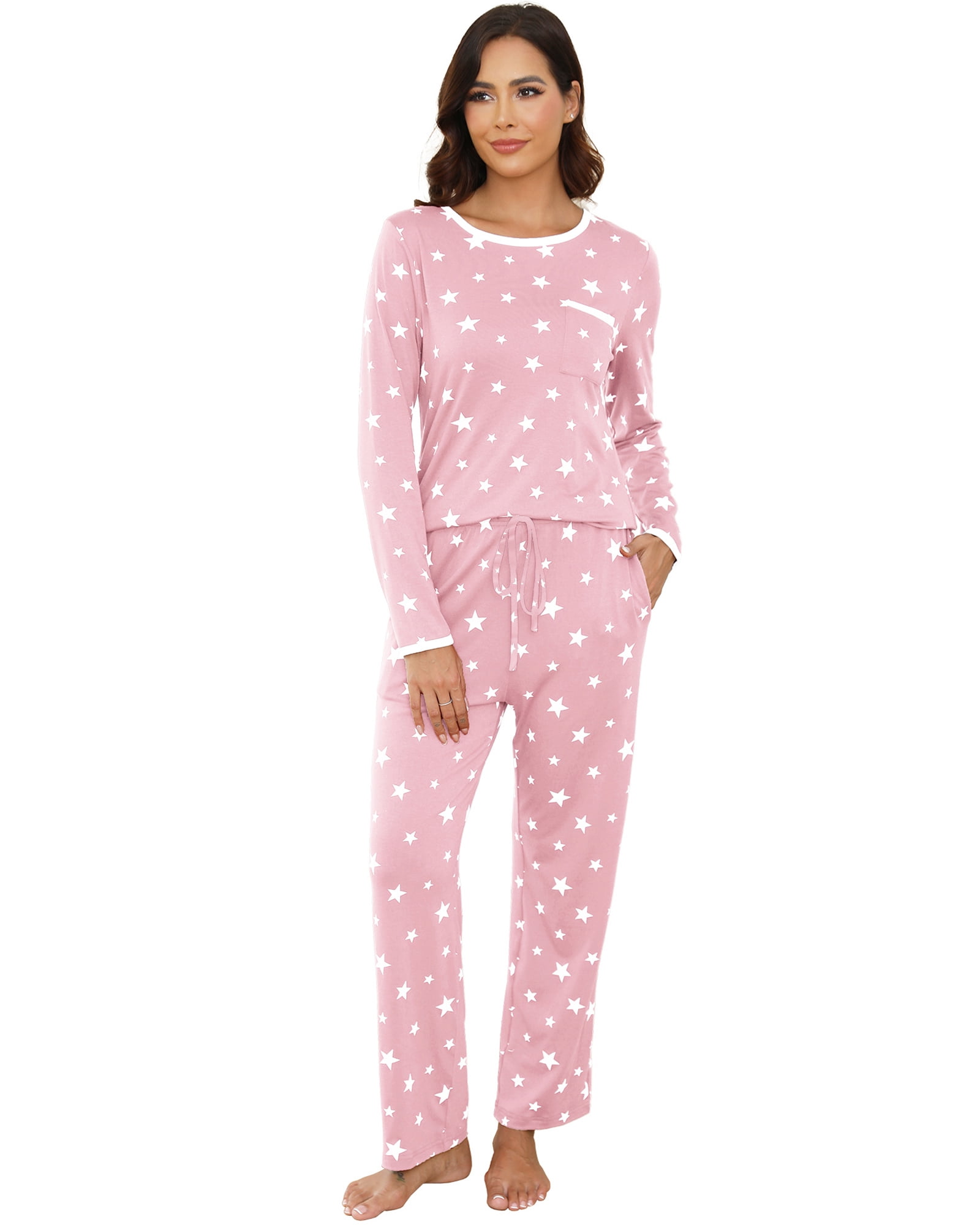 Womens Cotton Pajama Sets with Long Sleeves and Long Pants 2pcs Round ...