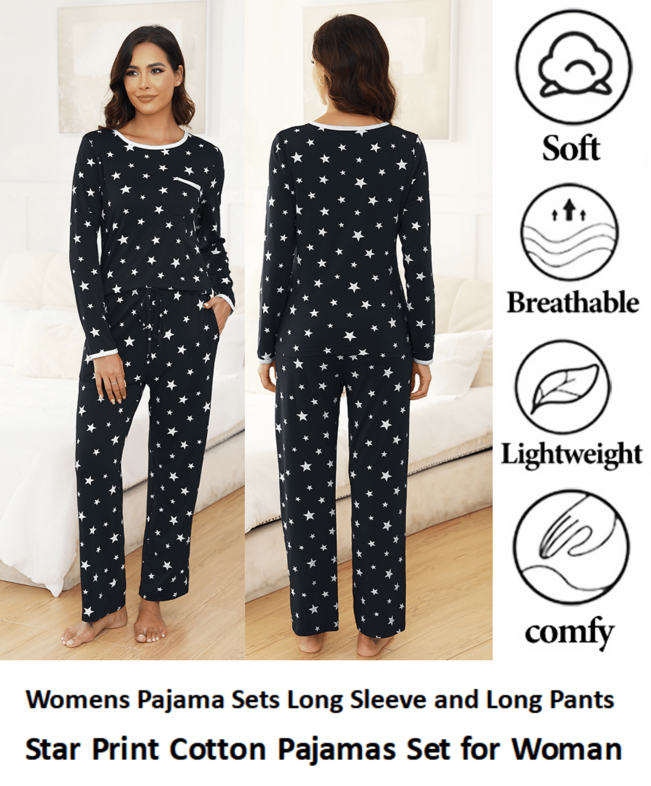 Womens Cotton Pajama Sets with Long Sleeves and Long Pants 2pcs Round Neck Sleepwear Sets for ...