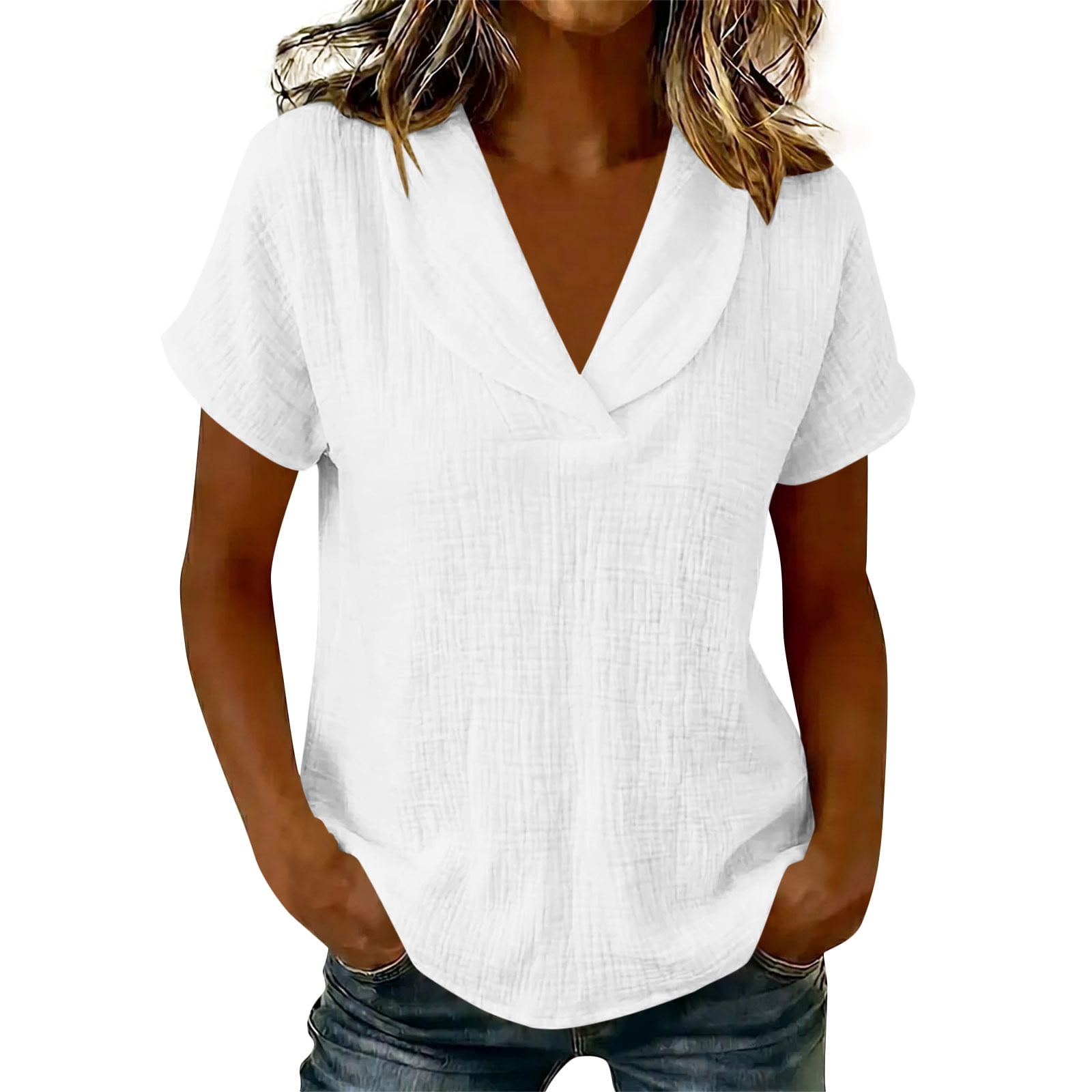 Womens Cotton Short Sleeve Blouse Business Casual V Neck Shawl Collar ...