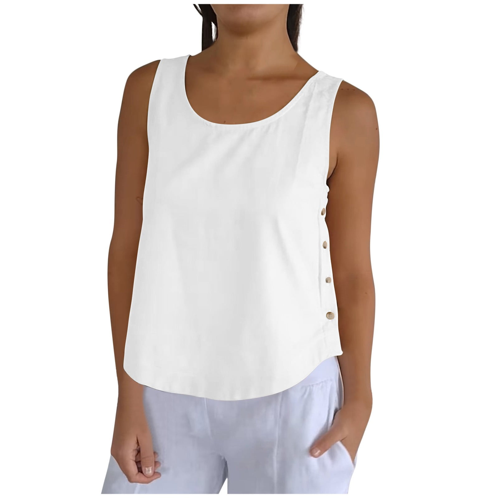 Womens Cotton Tank Tops Crew Neck Sleeveless T Shirts Side Button Down Design Casual Loose Crop ...