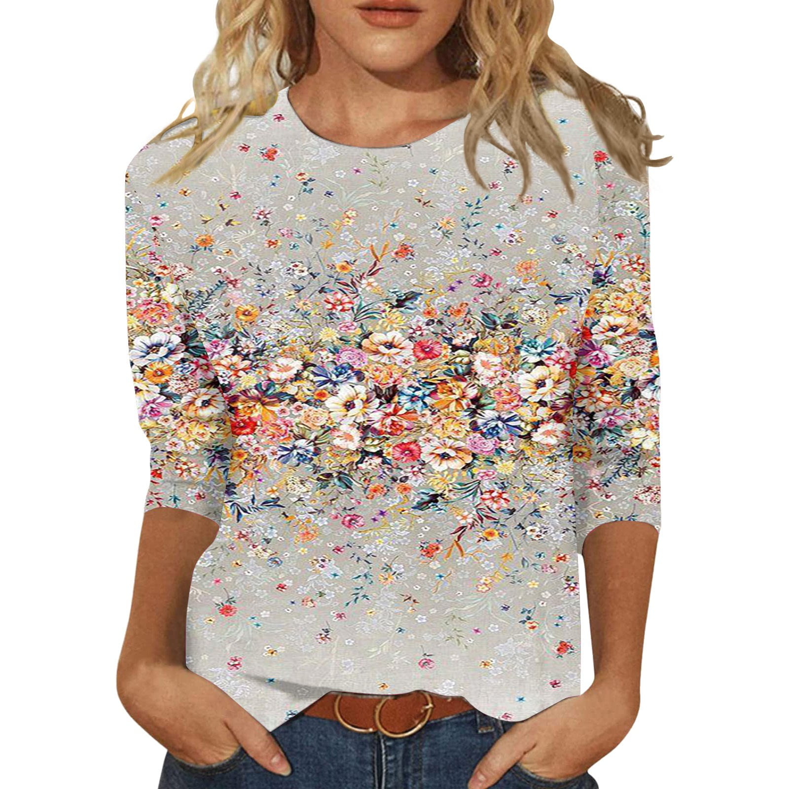 Womens Cotton Tops 3/4 Sleeve，Women'S Casual 3/4 Sleeve T-Shirts Round ...