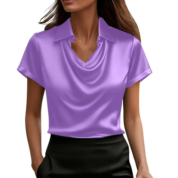 Womens Cowl Neck Silk Satin Blouses Rolled Short Sleeve Shirts Fashion ...