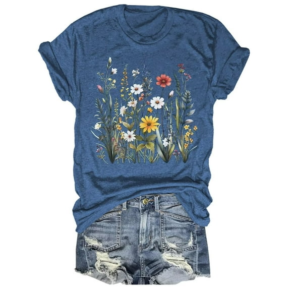 Womens Crew Neck T Shirts Vintage Cute Boho Flowers Short Sleeve ...