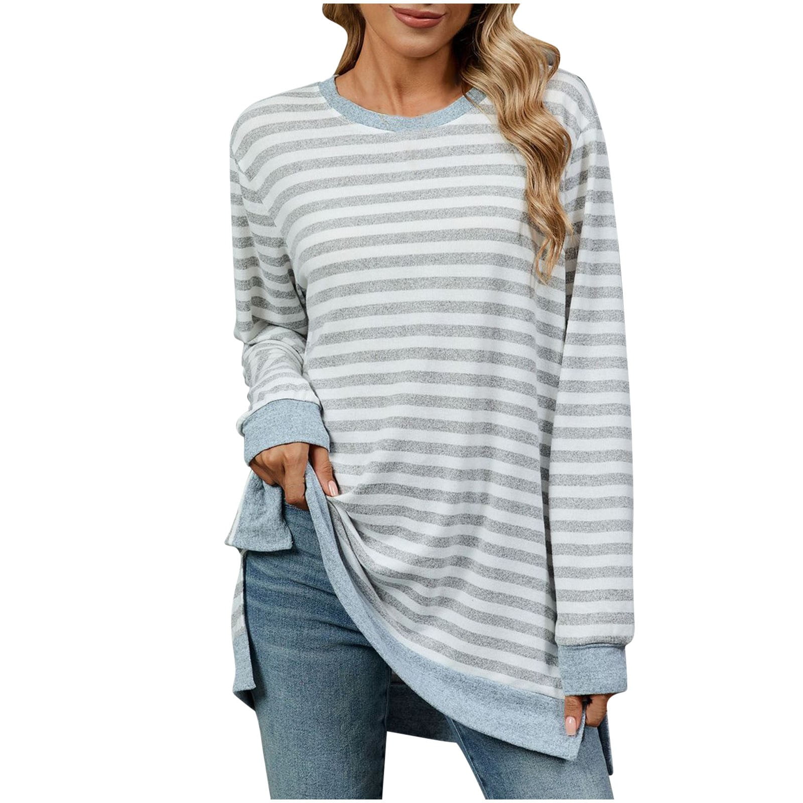 Womens Crewneck Striped Pullovers Color Block Long Sleeve Side Split ...