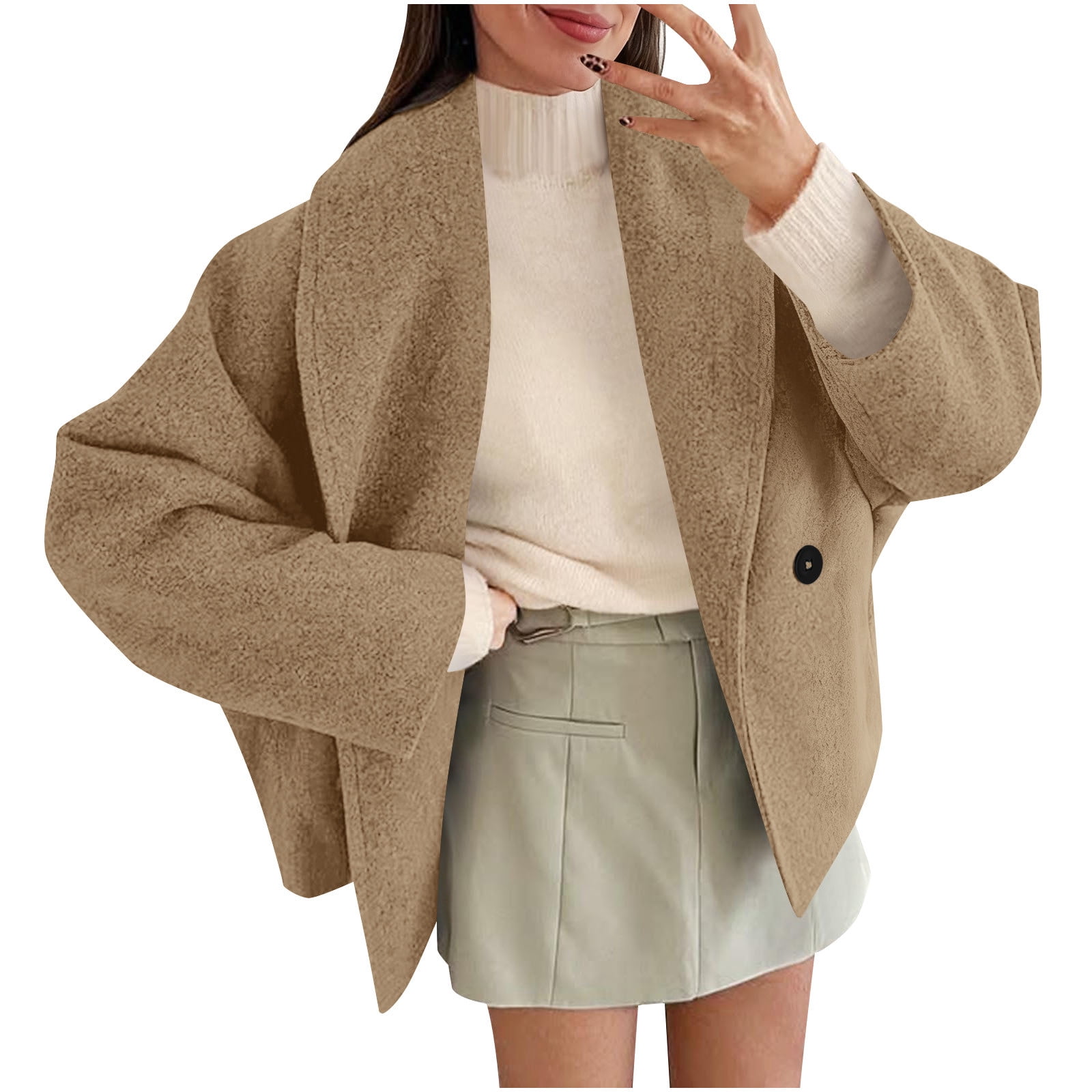 Womens Cropped Pea Coats Notched Lapel Solid Color Button Coats ...