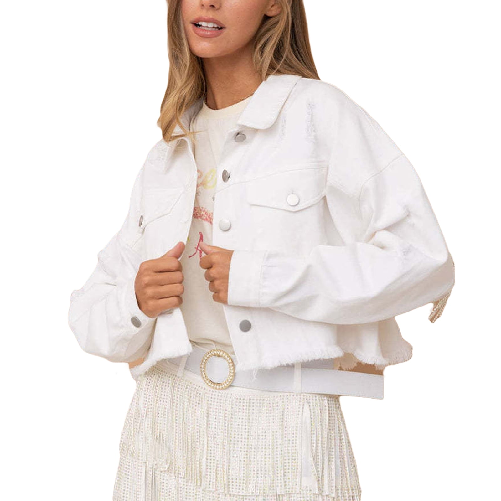 Womens Cropped Sparkling Rhinestone Fringe Jean Jacket Glittering Star ...