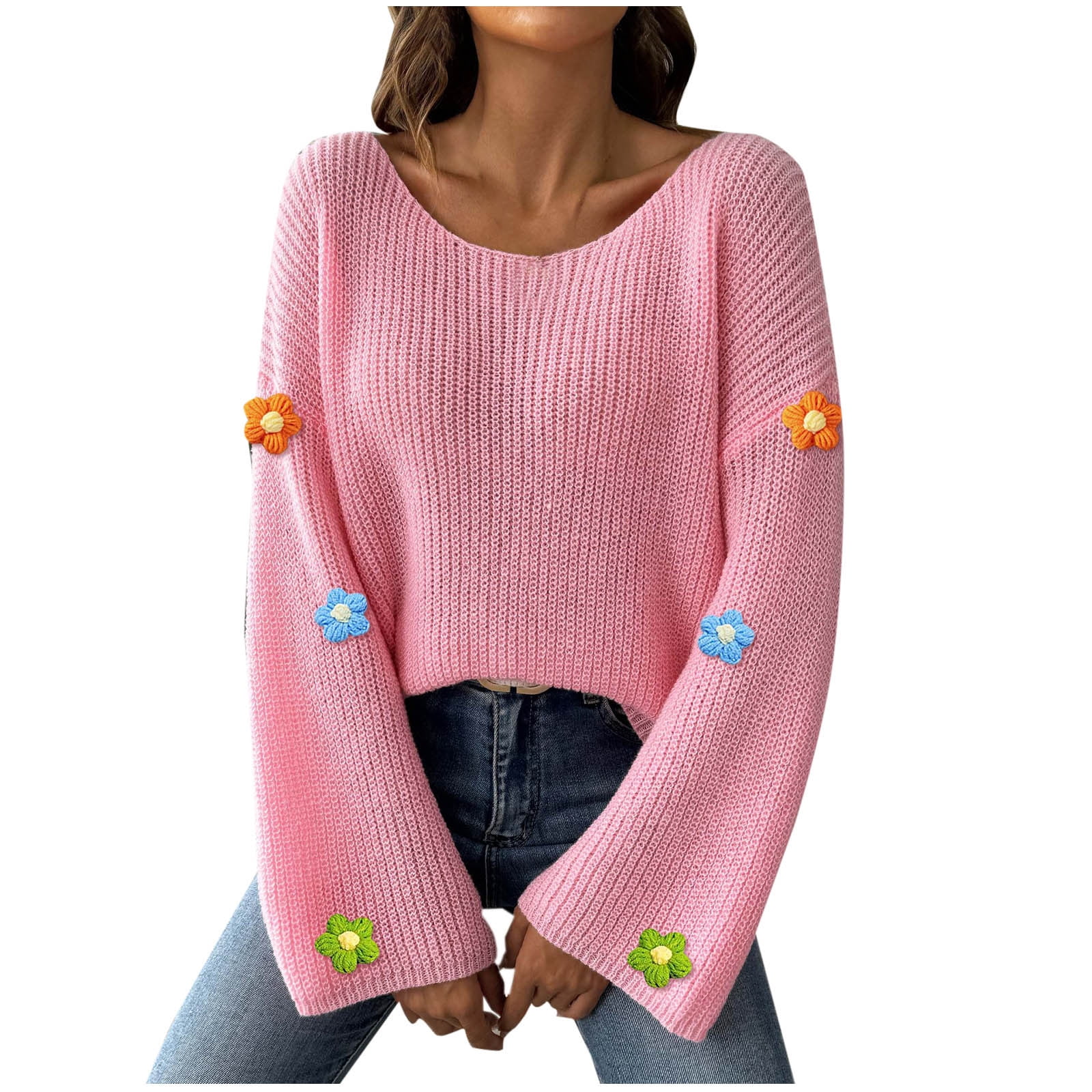 Womens Cropped Sweater Sexy Off The Shoulder Bell Sleeve Pullover Cute ...