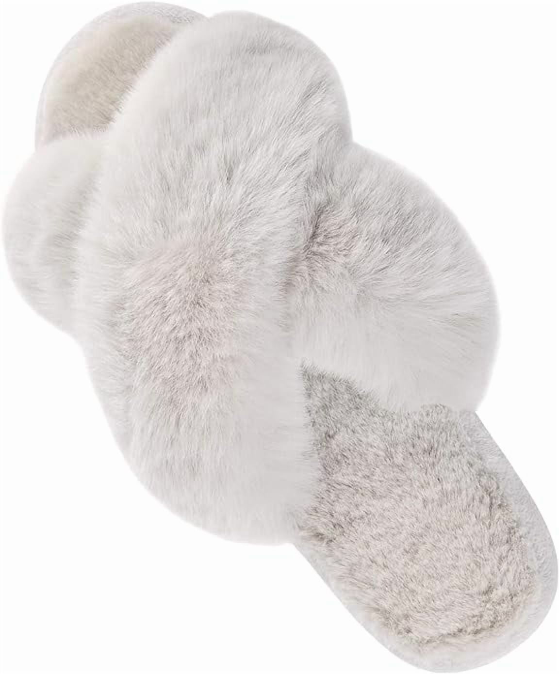 Women's Fuzzy Slippers Cross Band Open Toe Furry Spa Flat Fluffy Fuzzy ...