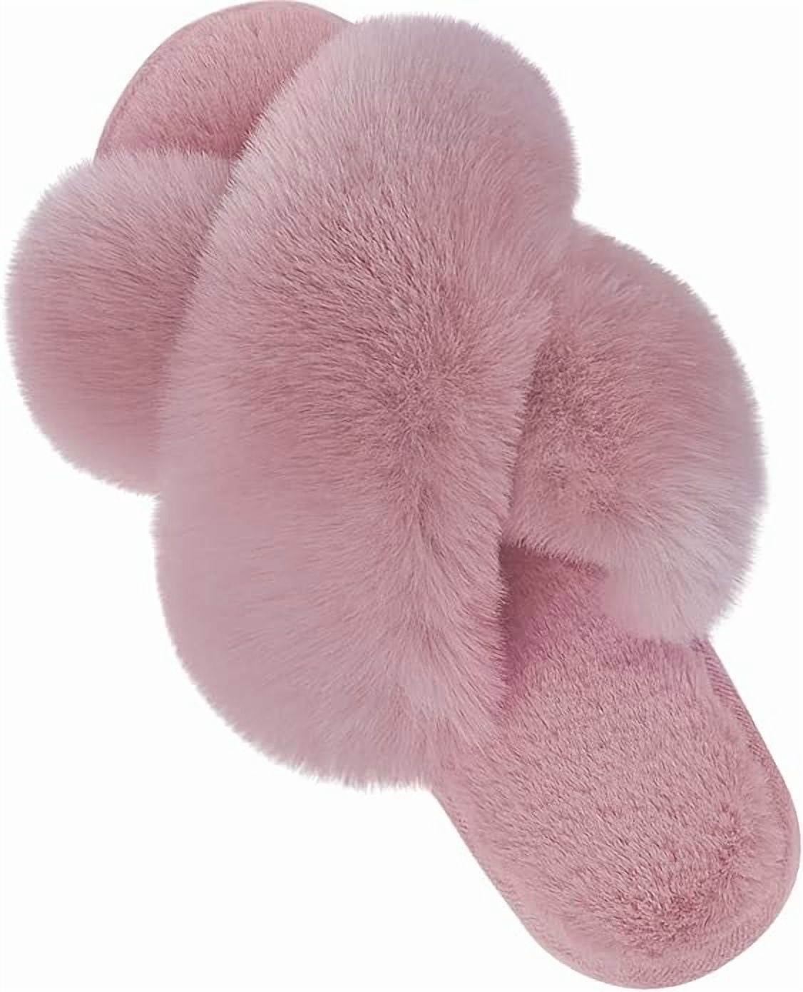 Women's Fuzzy Slippers Cross Band Open Toe Furry Spa Flat Fluffy Fuzzy ...