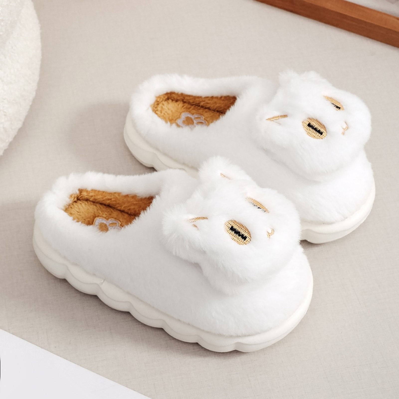 Womens Cute Cartoon Cat Slippers Plush Memory Foam Platform Slipper ...