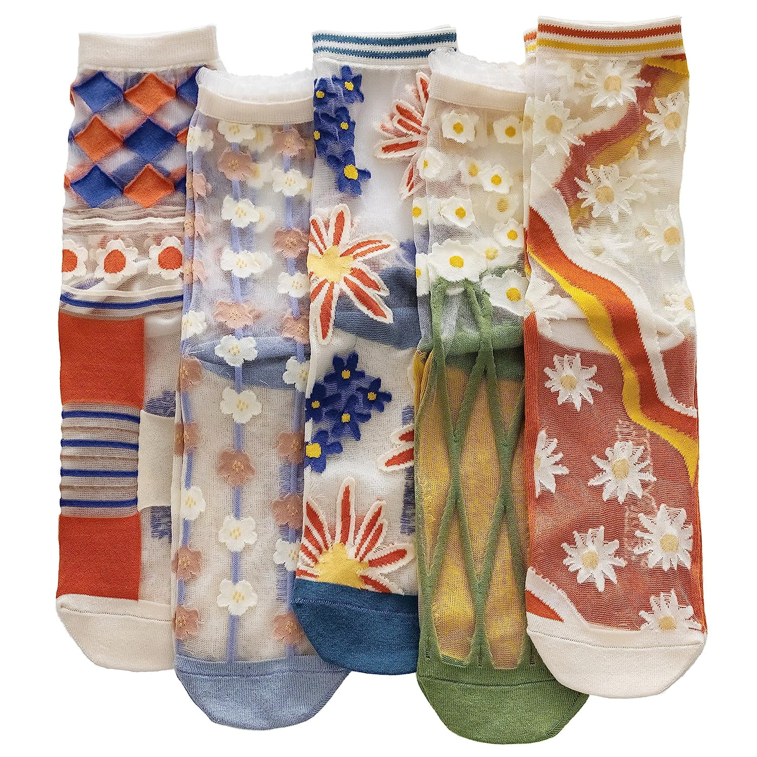 Womens Cute Flower Sheer Socks Kawaii Floral Lace Mesh Silk Crew Socks ...