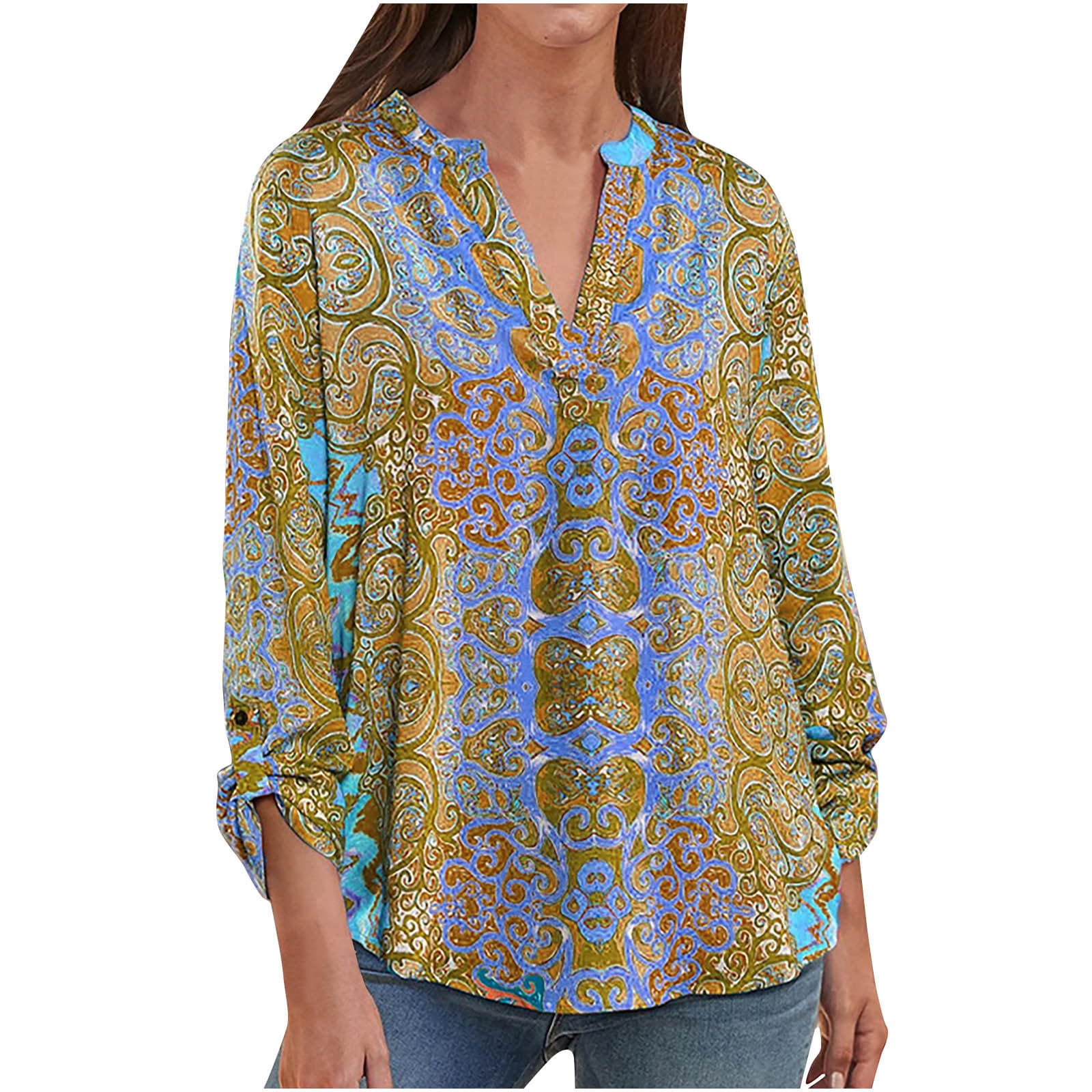 Womens Cute Paisley Print Blouse Casual Long Sleeve V Neck Boho Shirts ...