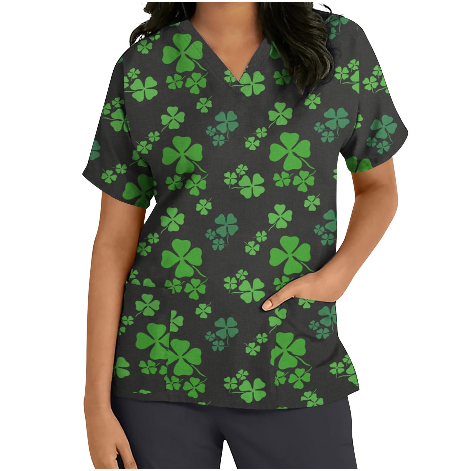 Womens Cute Shamrock Scrub Tops Green Shamrock Nurse Uniform V-Neck ...