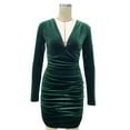 Womens Deep V Neck Long Sleeve Hide Tummy Velvet Bodycon Ruched Mini
