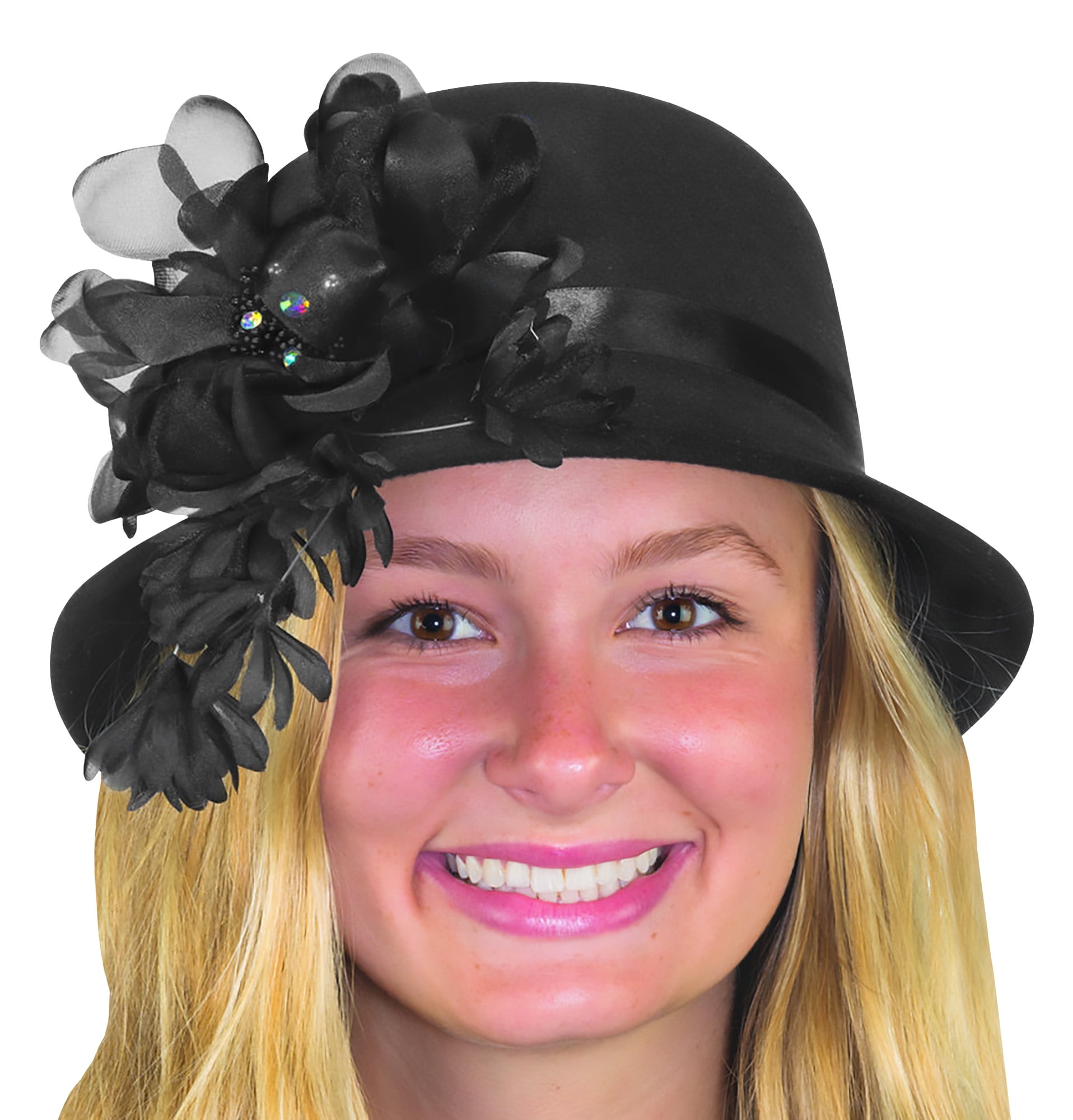 Womens Deluxe 1920s Black Flapper Hat Floral Jeweled Cloche Costume ...