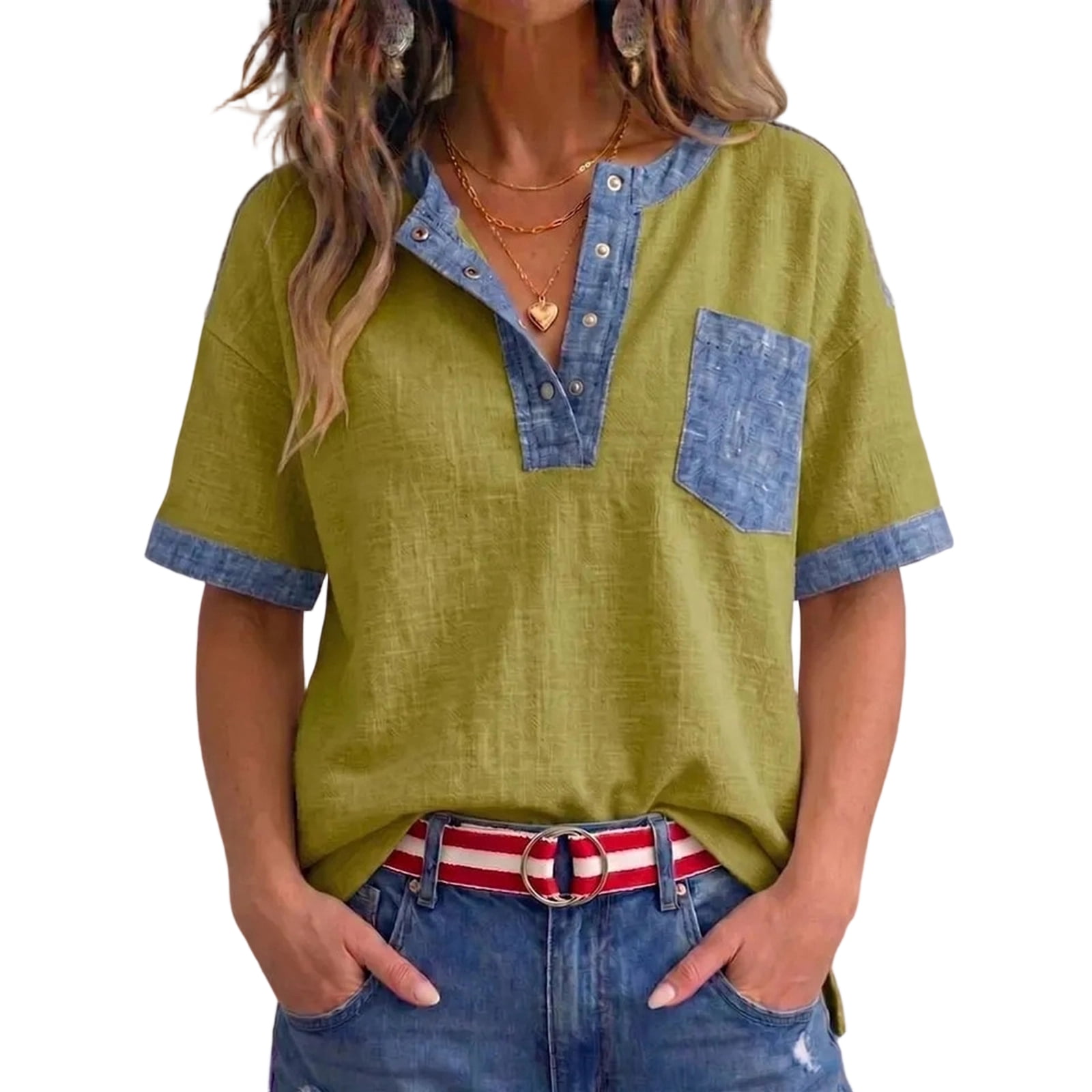 Womens Denim Contrast Tops Henley Neck Short Sleeve Linen Material ...