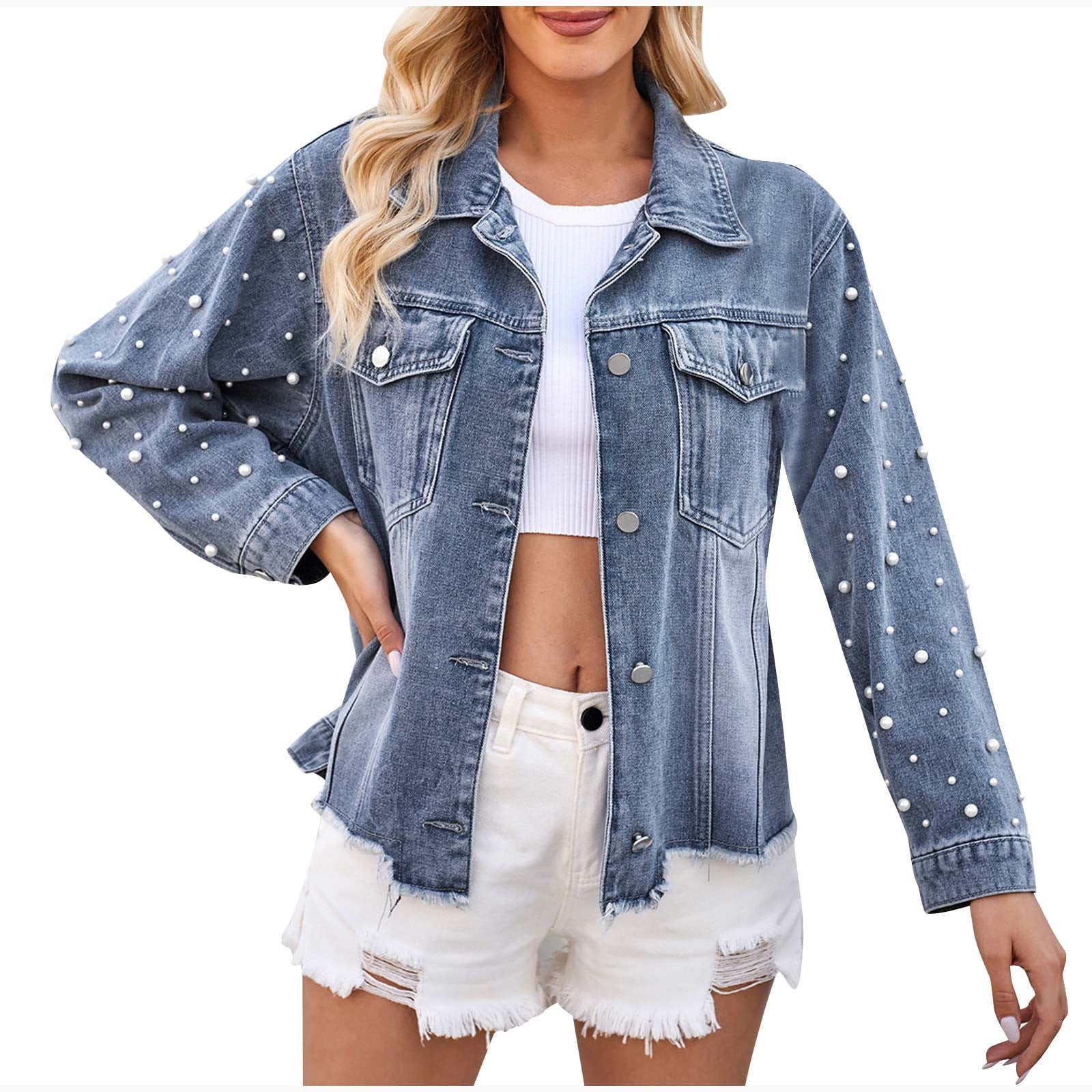 Womens Denim Jacket Fashion Embroidered Pearls Long Sleeve Frayed Hem Jean Jacket Lounge Cropped ...
