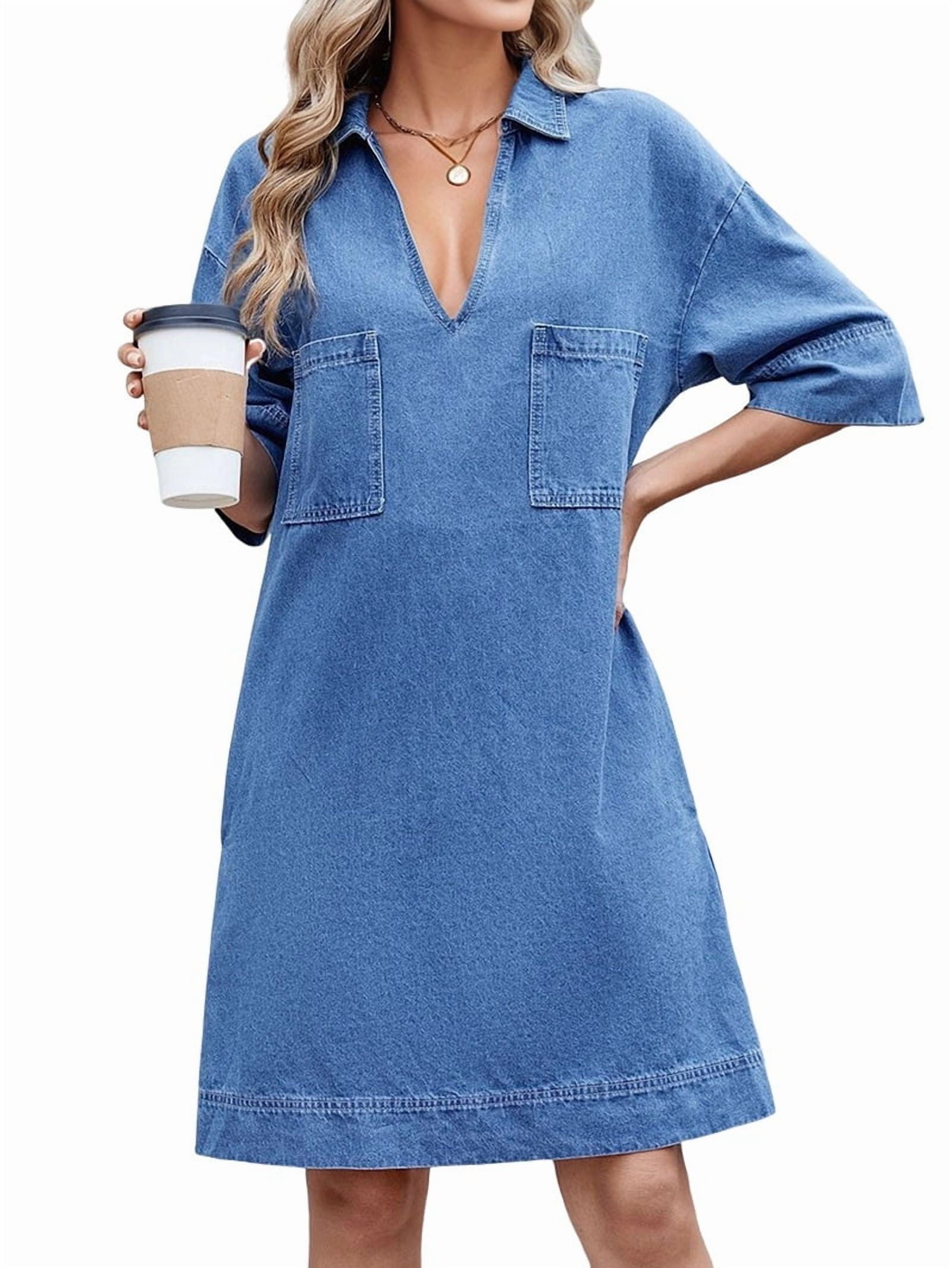 Womens Denim Shirt Dress Summer Collared V Neck Mini Casual Jean ...