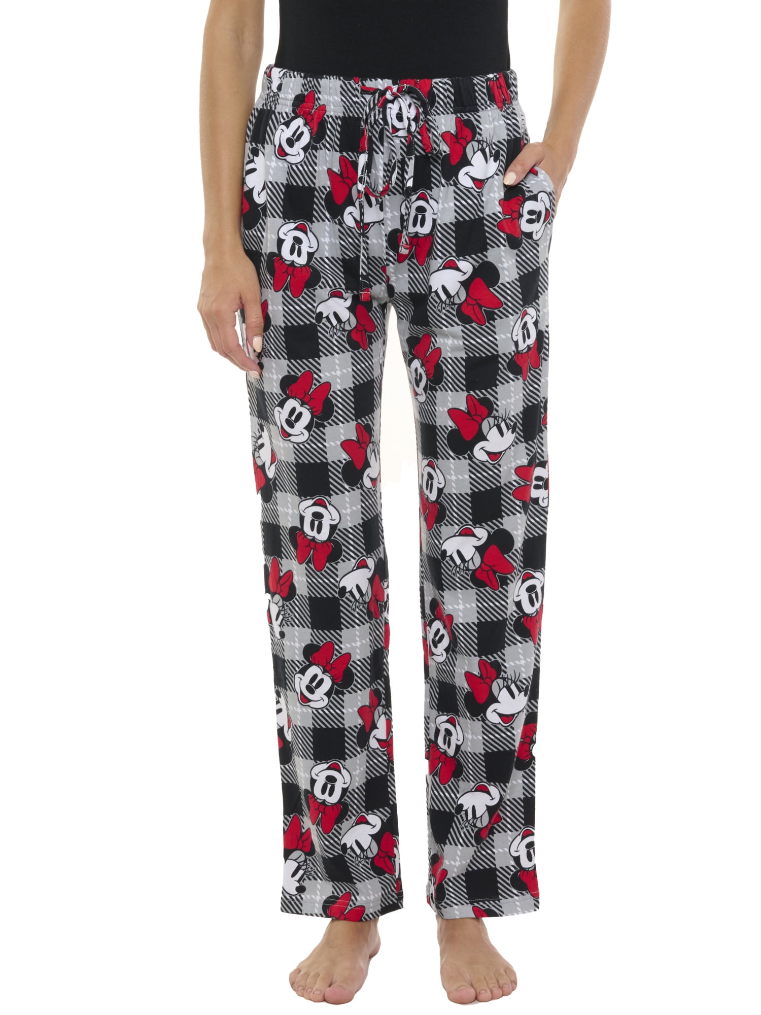 Womens Disney Minnie Mouse Pajama Pants Loungewear Plaid Red Black ...
