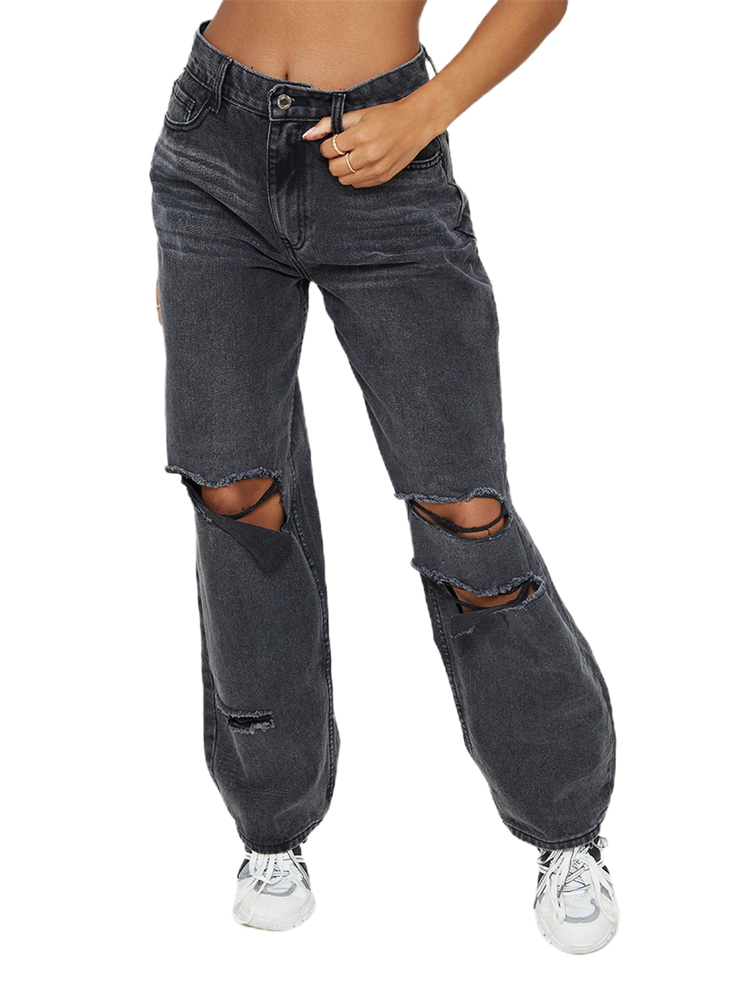 Womens Distressed Ripped Jeans High Waisted Boyfriend Baggy Straight Leg Casual Denim Pants XS XL