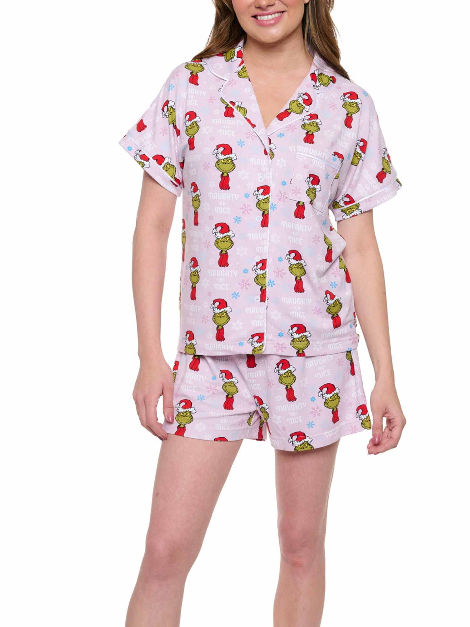 Womens Dr Seuss Grinch Pajamas Button Up Shirt and Shorts 2-Piece ...