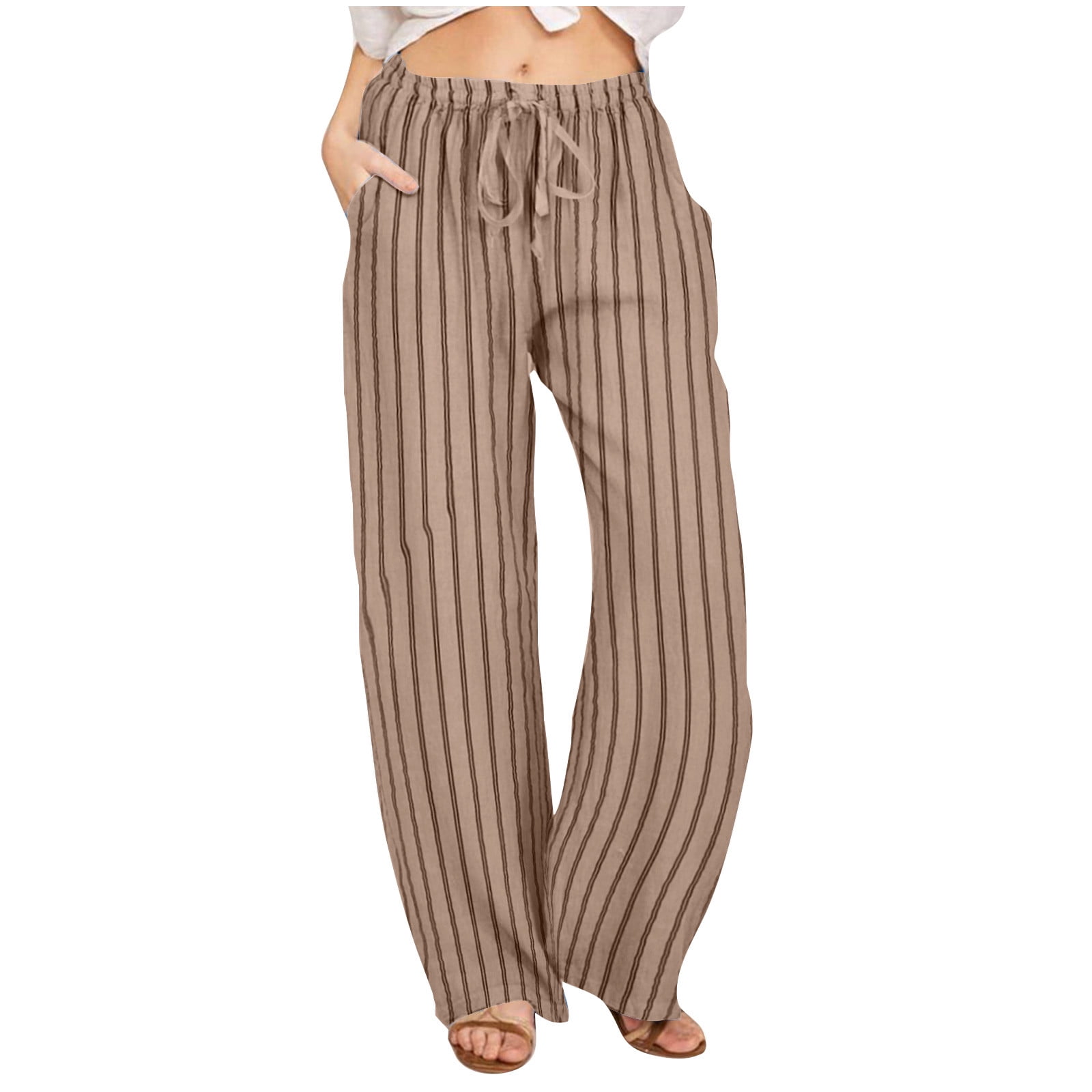 Womens Drawstring Striped Pants Loose Wide Leg Trousers Casual Elastic ...