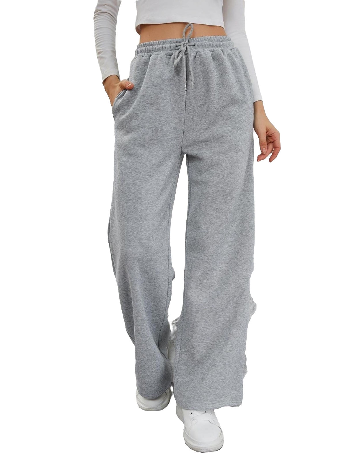 Womens Drawstring Waist Sweatpants Plain Long Loose Light Grey S ...
