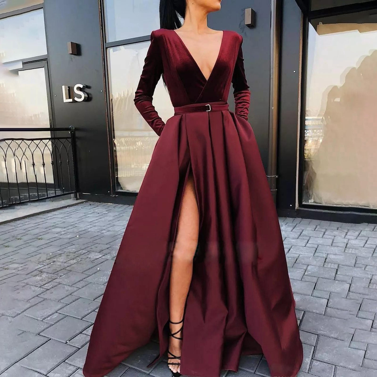 Womens Dress Deep V Long Sleeve Dress Slit Big Swing Maxi Dress Evening ...