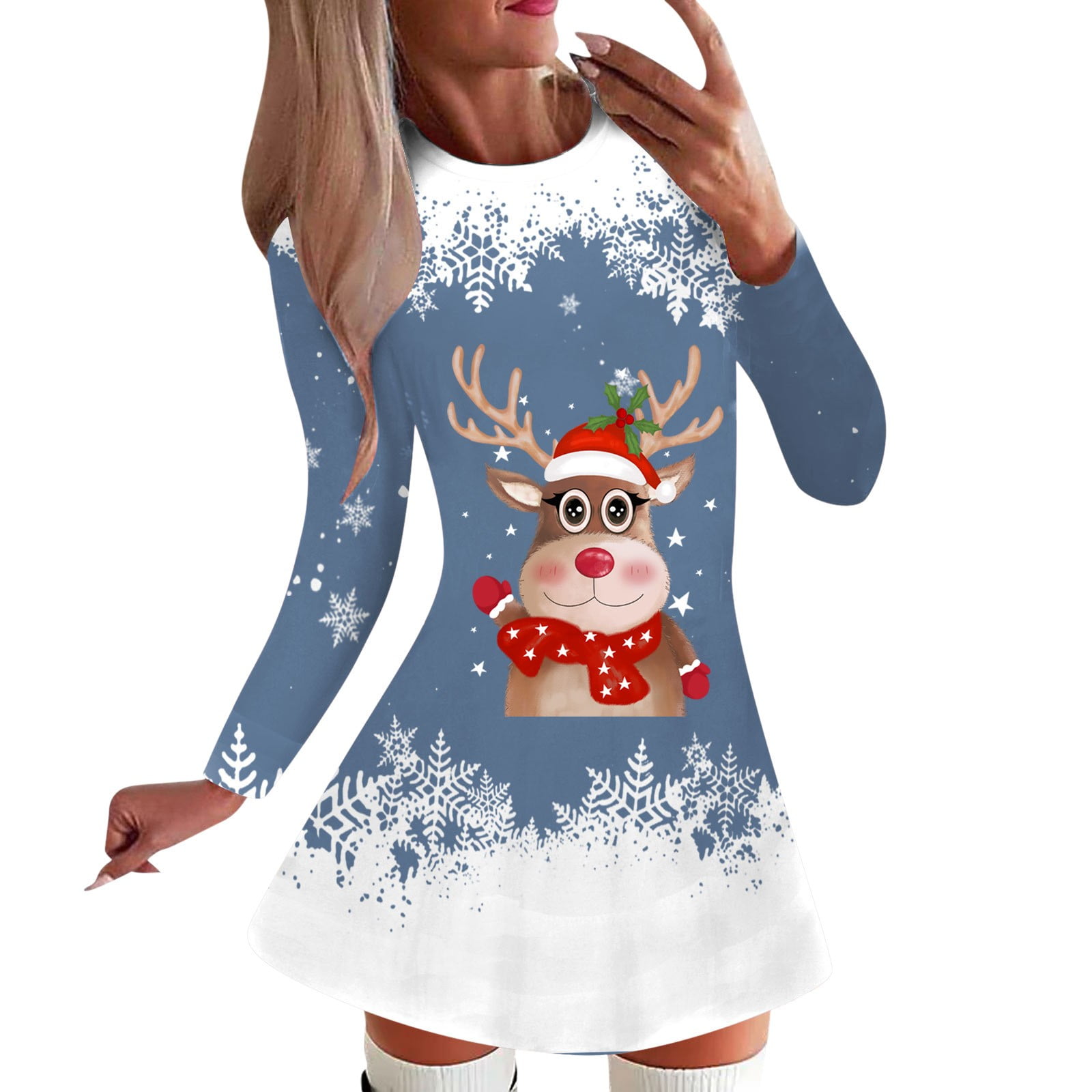 Womens Dress Fashion Casual Christmas Dress Long Sleeved Printed Round ...