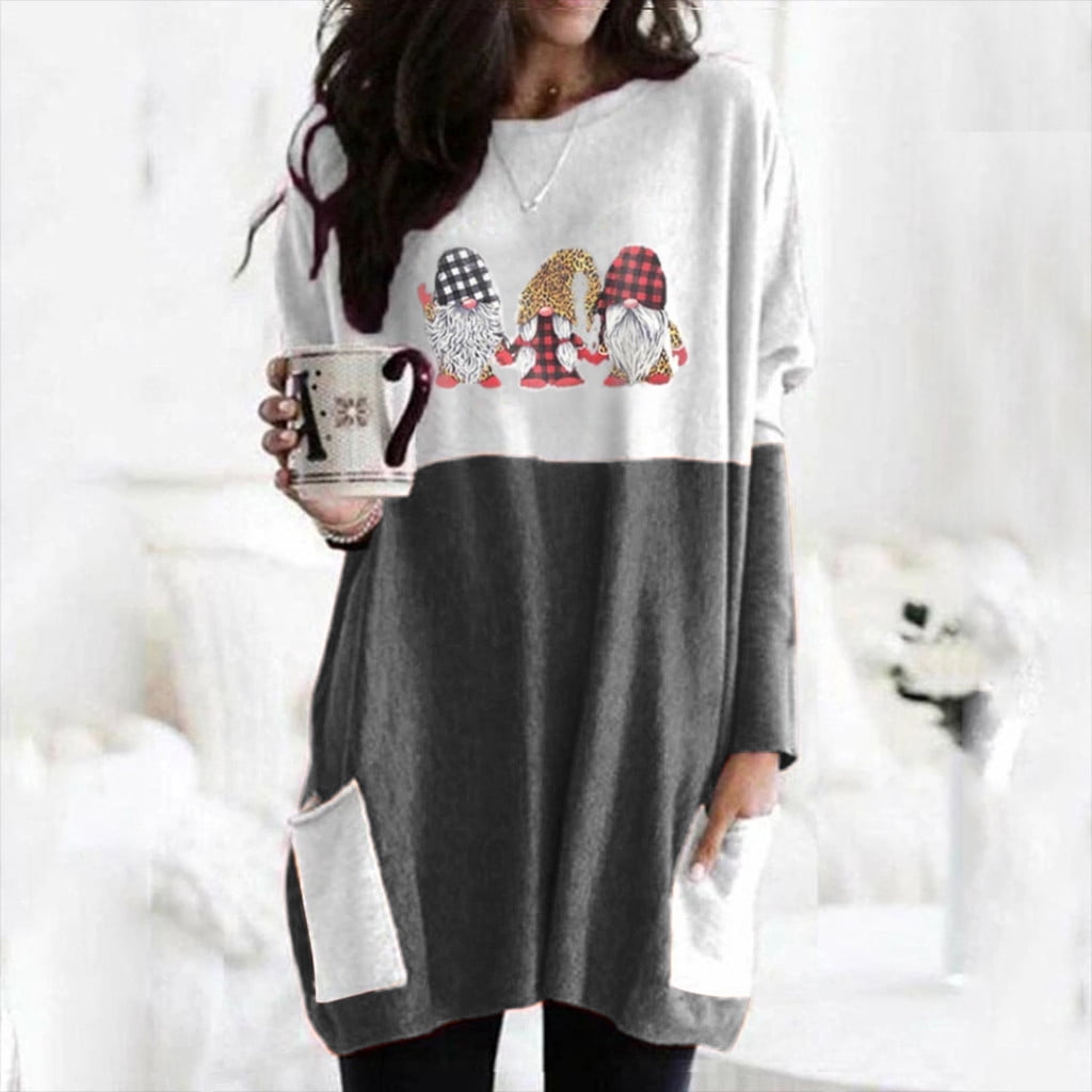Womens Dress Shirts Christmas Long Sleeve Tops Santa Printed Pullover ...