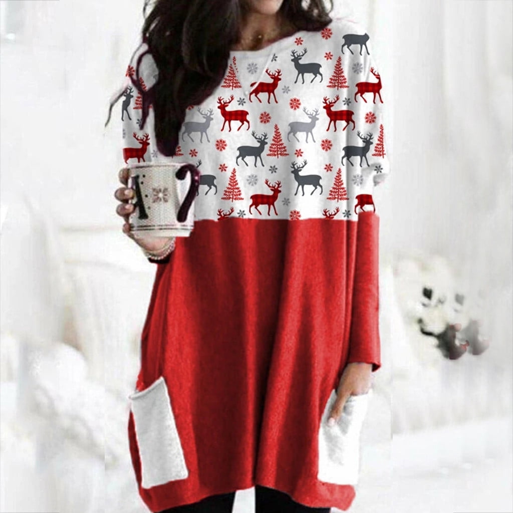 Womens Dress Shirts Christmas Long Sleeve Tops Santa Printed Pullover ...