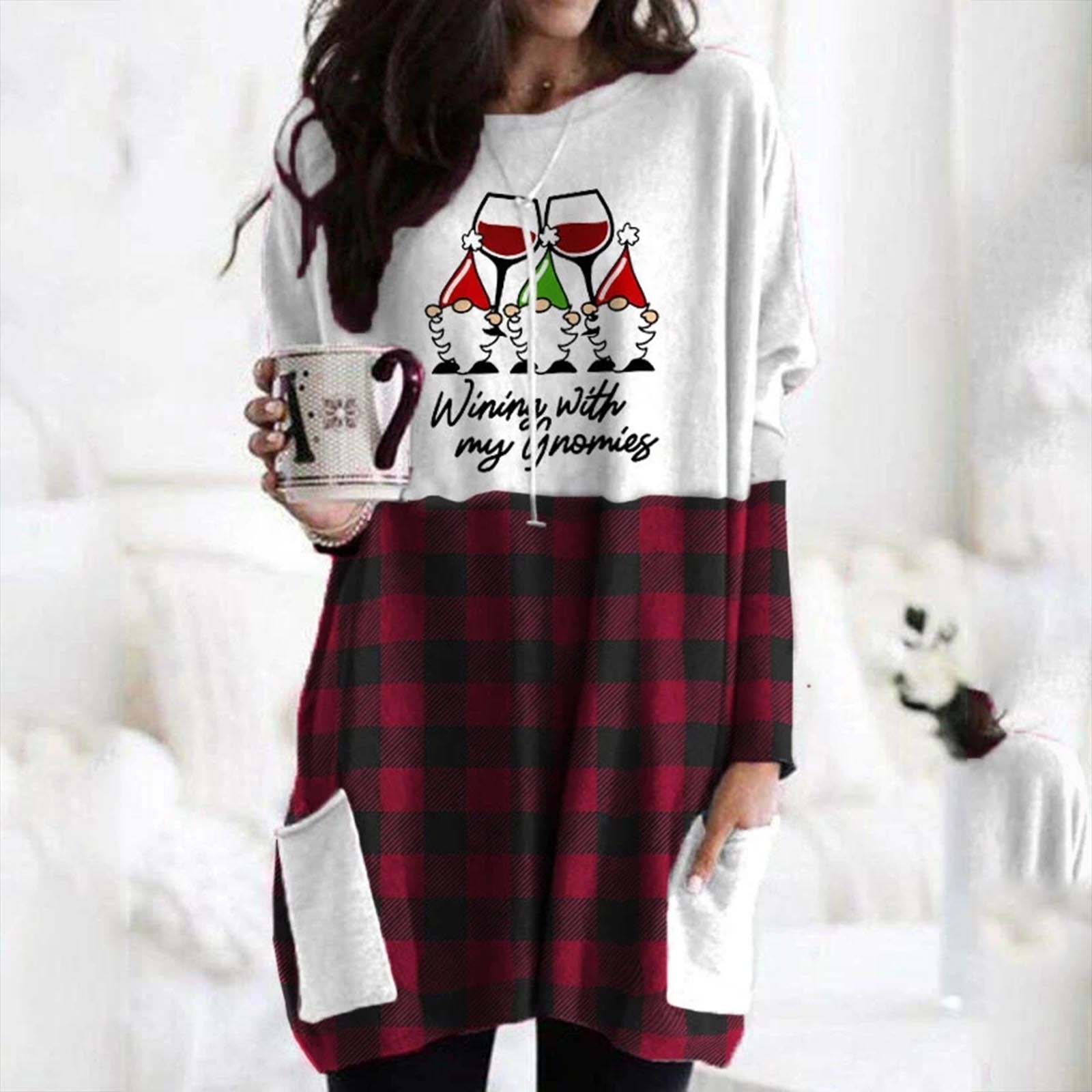 Womens Dress Shirts Christmas Long Sleeve Tops Santa Printed Pullover ...